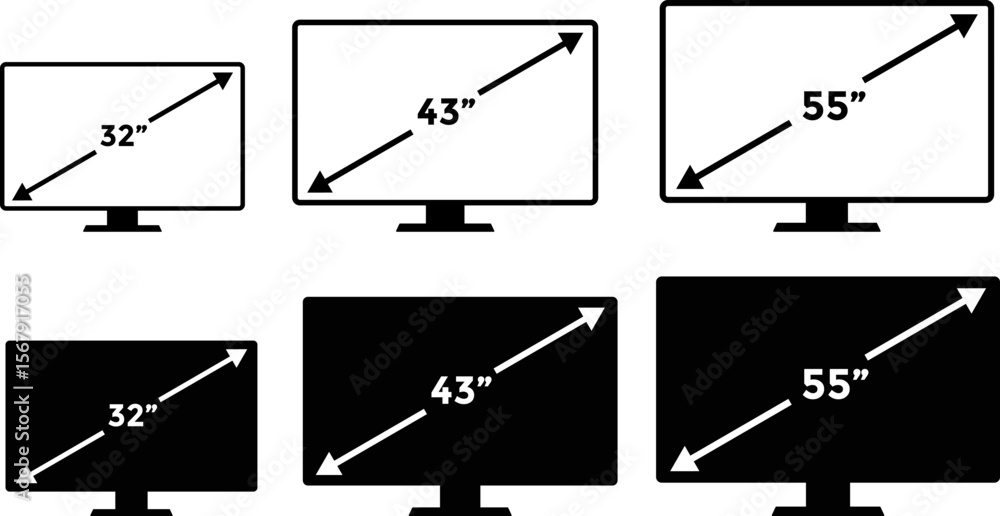 smart tv screen sizes icon set. 32, 43, 55,60 inches .Display Screen ...