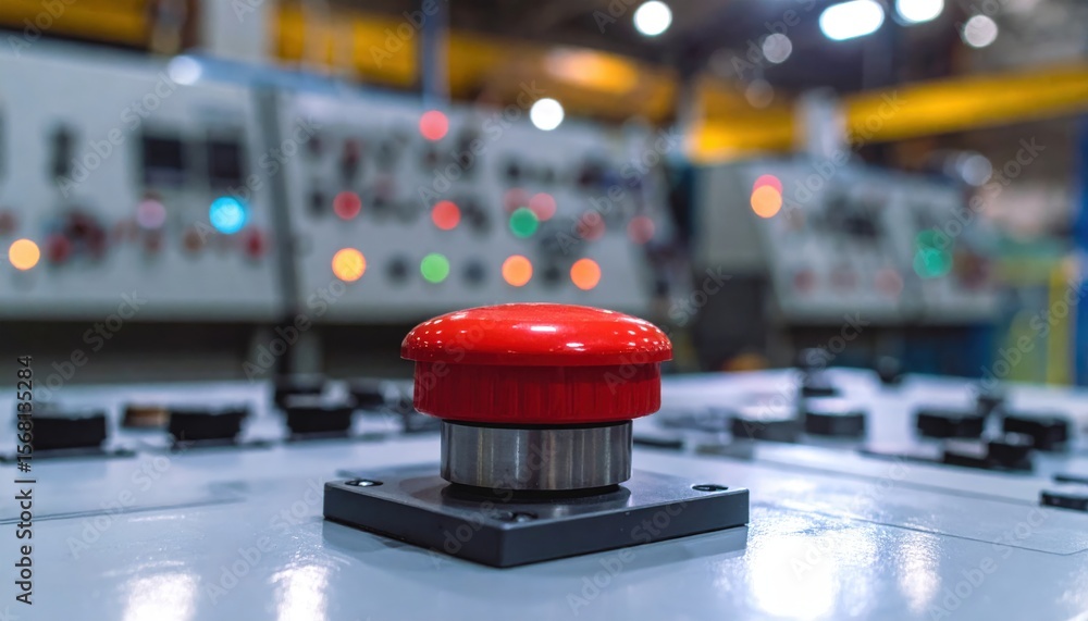 Emergency Stop Button in Industrial Setting: A bold, red emergency stop ...