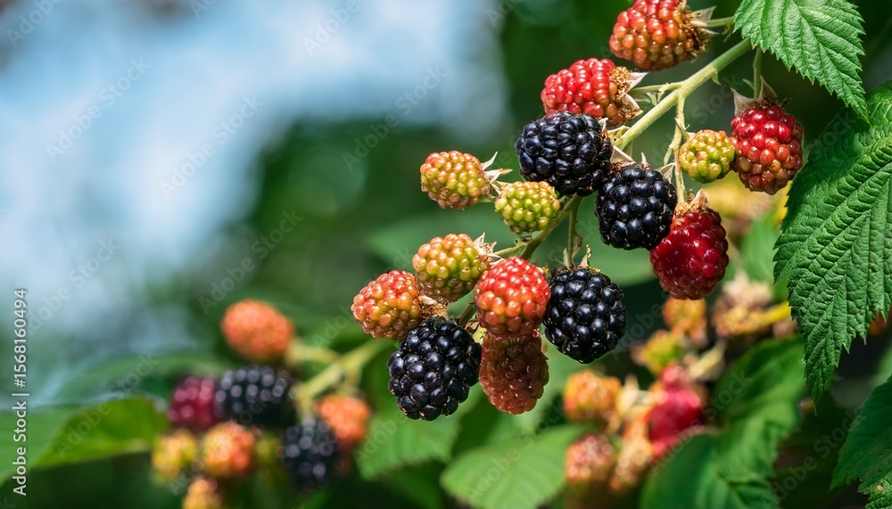 magnified image of blackberries in various stages of ripening on a bush ...