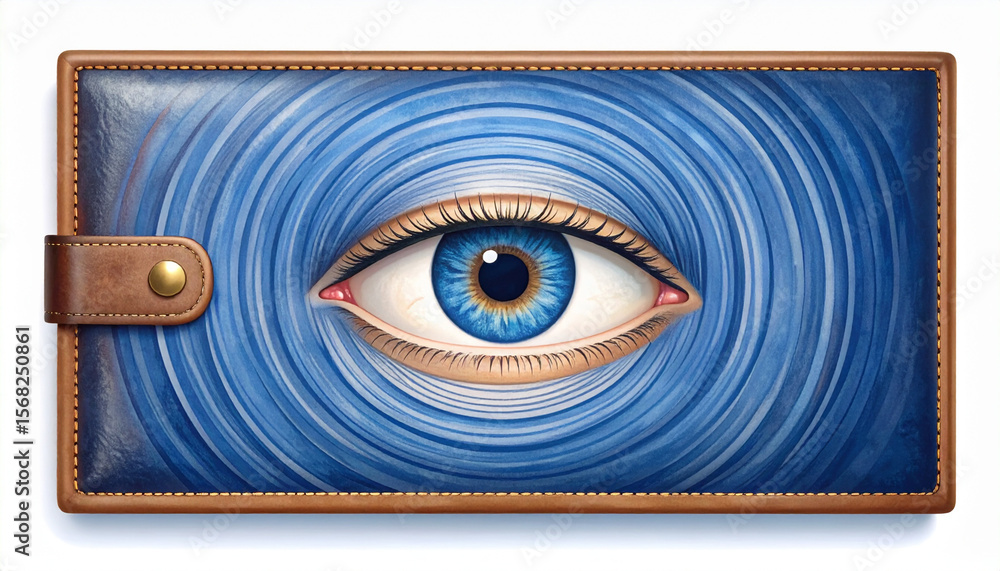 Realistic wallet artwork with a central blue eye design and hypnotic ...