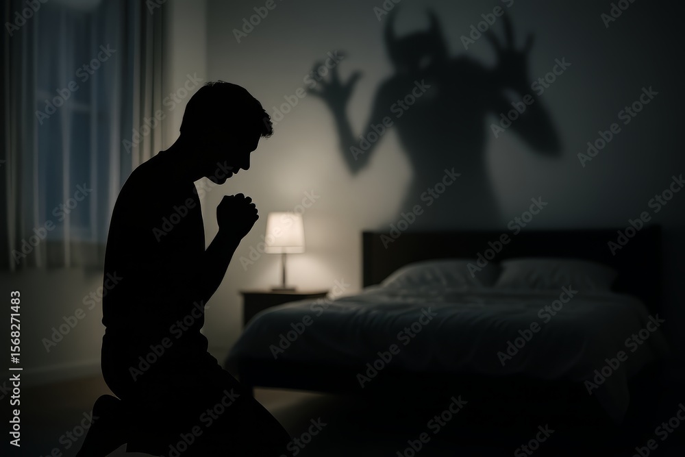 A man on his knees, praying in a dark room, turning to the shadow of ...