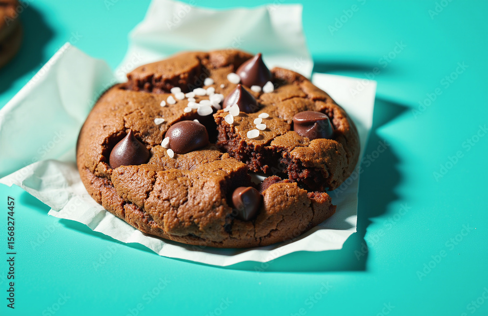 Chocolate chip cookie on turquoise background with sea salt. Stock ...