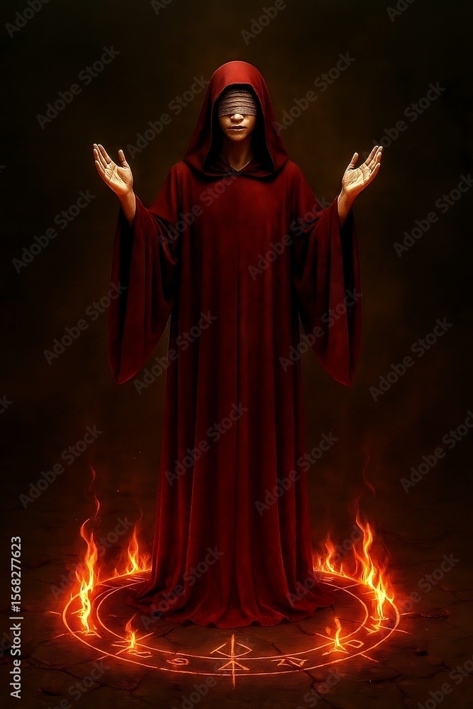 "Covenant of Embers" A figure in a crimson robe, standing in the middle ...
