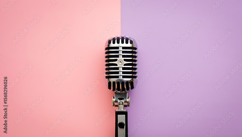 A vintage silver microphone sits center frame against a split ...