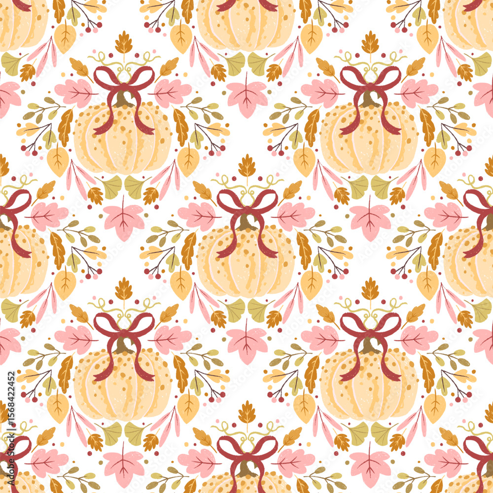 Seamless vector pattern with stylish pumpkins, ribbon bows and autumn ...