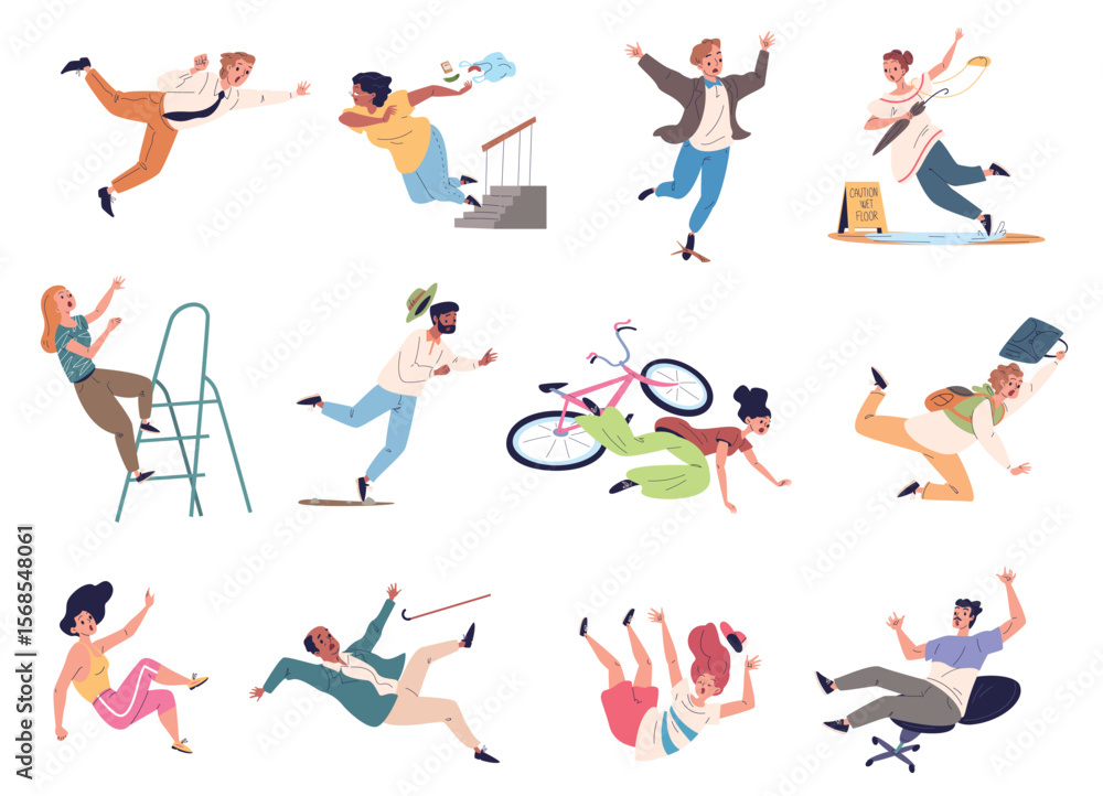 Falling people accident. Fall down person from ladder, slip man slide ...