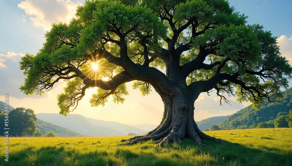 Ancient Oak Tree in Sun-Dappled Clearing A Symbol of Natures Resilience ...