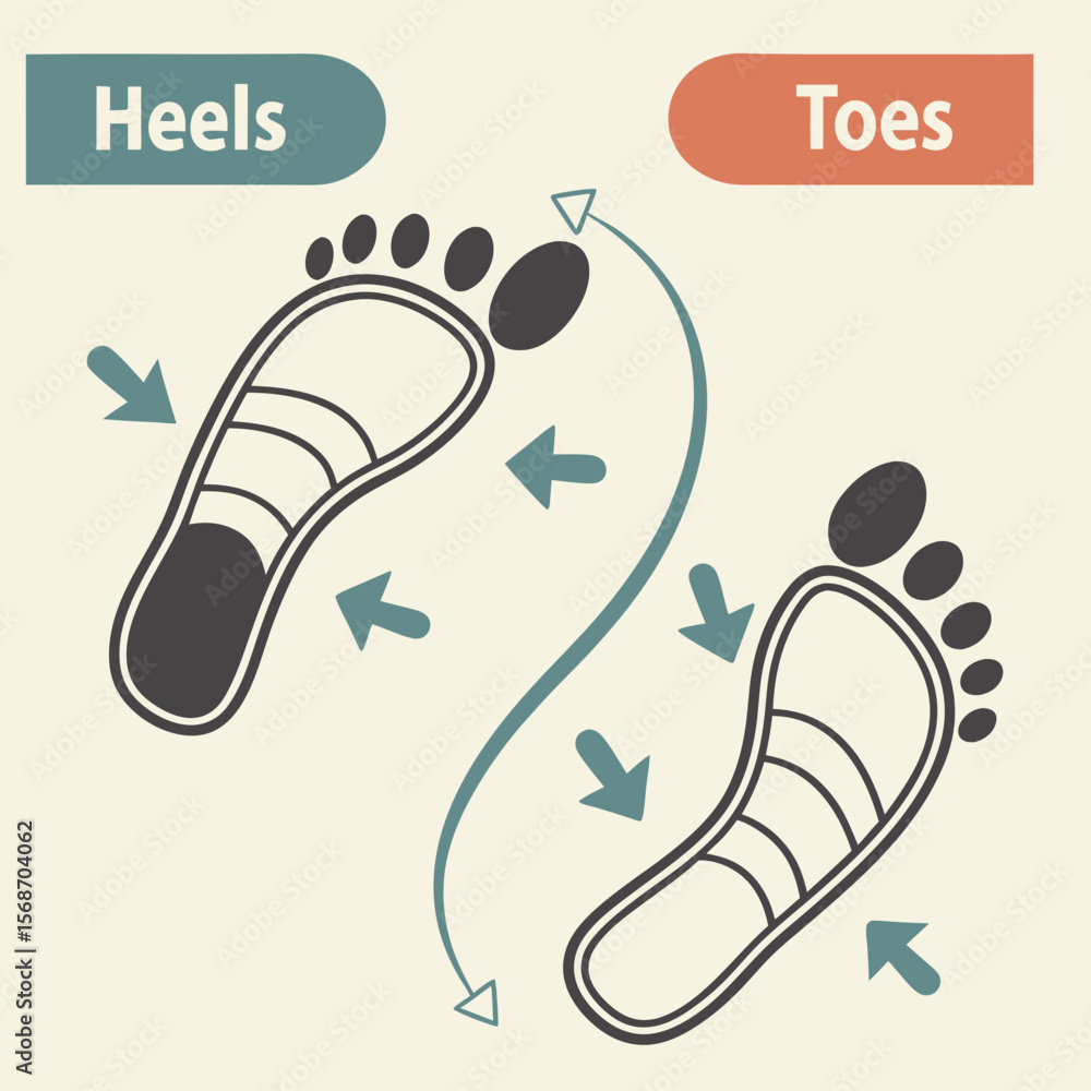 Footprints showing heel and toe walking motion with directional arrows ...