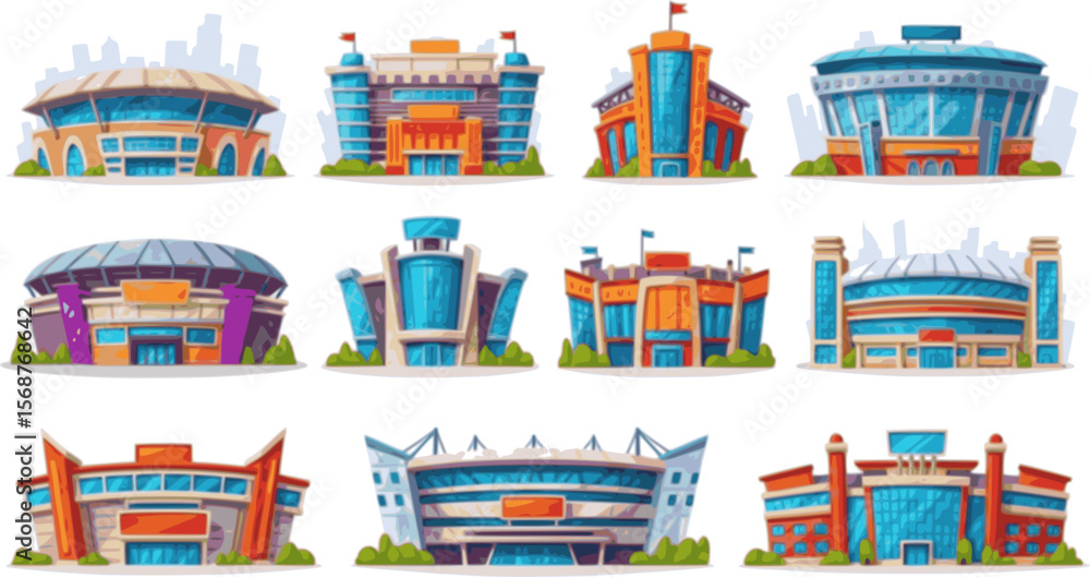 Sport stadium front view vector collection in cartoon style. City arena ...