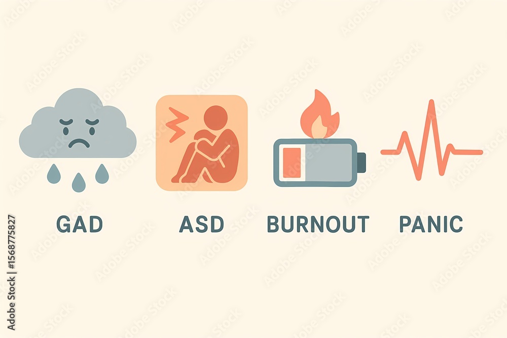Стоковая иллюстрация «Flat vector illustration of four mental health ...