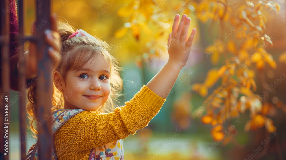 Shy little girl saying goodbye to mom at preschool gate on early fall ...