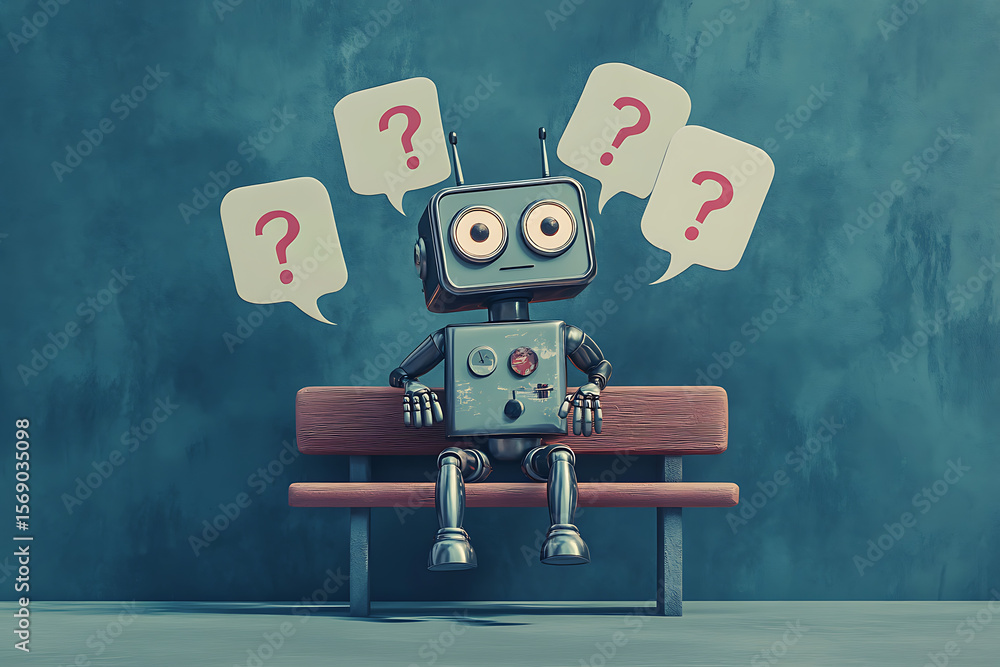 A curious robot sitting on a bench with question marks in a minimalist ...