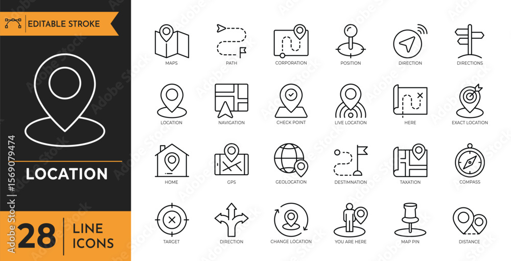 Location outline icon set. Contain icons related to navigation, gps ...