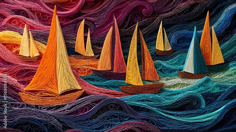 Boats on dynamic waves, crafted with colorful paper quilling techniques ...