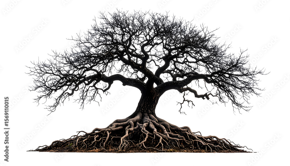 Fotografie Ancient Oak Tree Roots: A majestic ancient oak tree, bare of ...