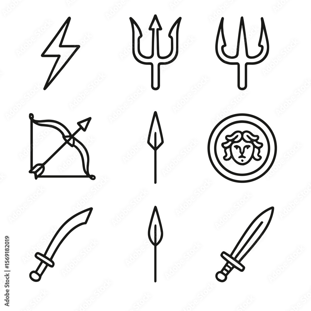 Iconic Mythological Weapons. Line style icons of Legendary Weapons ...