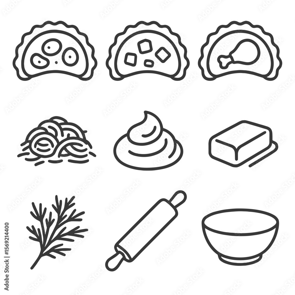Pierogi Flavors Icons. Line style icons of Pierogi Stand Flavors ...