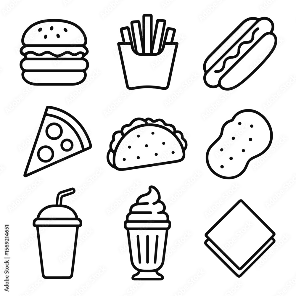 Line Style Fast Food. Line style icons of Fast Food Classics: burger ...