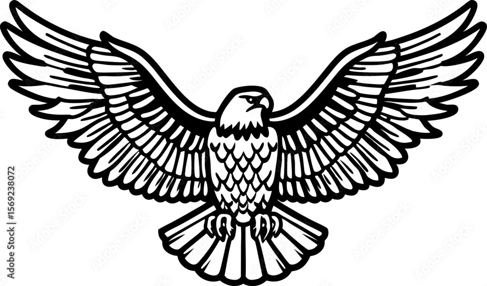 Strong majestic eagle with wings spread wide bold black outline, flying ...