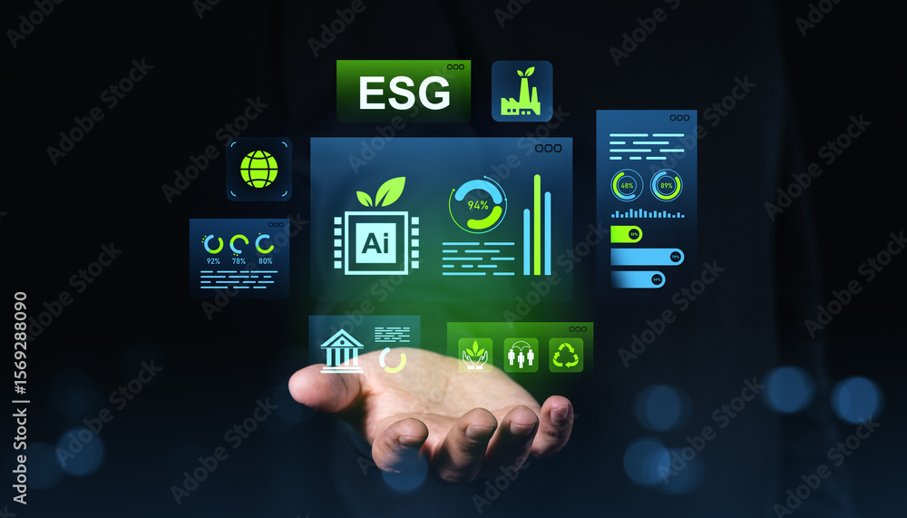 ESG and AI sustainability interface concept with digital dashboard elements and eco-friendly ...
