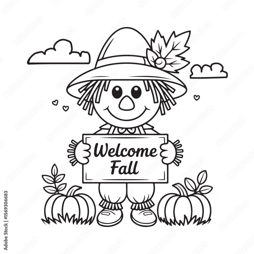 Smiling Scarecrow in Pumpkin Field – Cute Autumn Coloring Page for Kids ...