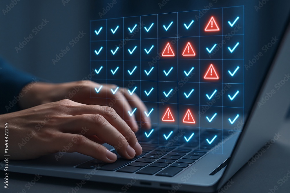 Person reviewing checklist with completed tasks and critical alerts on ...