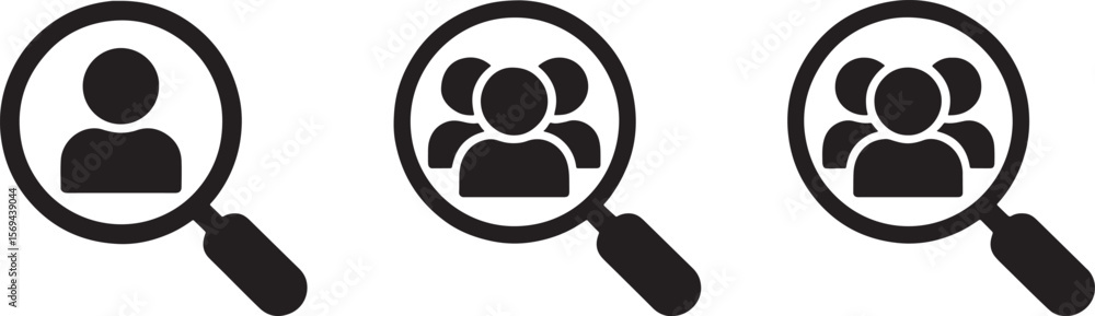 Magnifying glass over people icons silhouette isolated on white ...