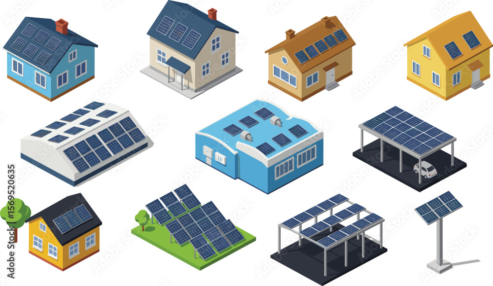 Isometric vector of buildings and houses with rooftop solar panels ...