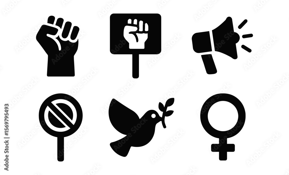 Icon set featuring symbols of protest, peace, and equality Stock Vector ...
