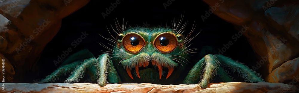 Spider crawling out of a stone hole. Illustration on the theme of ...