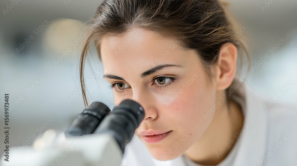 Scientist examining petri dish under microscope in laboratory, female ...