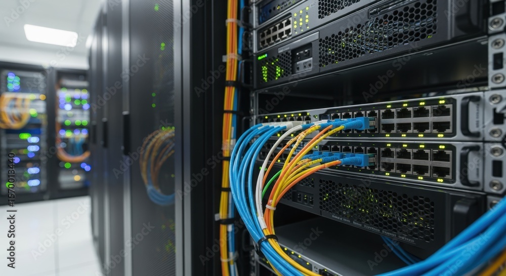 Fiber optic and ethernet cables are connecting server racks in a modern ...