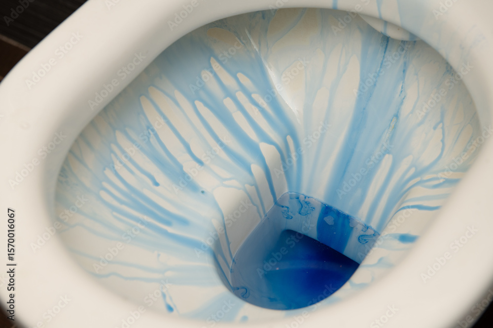 Blue toilet bowl cleaner drips down the sides of a white toilet bowl ...