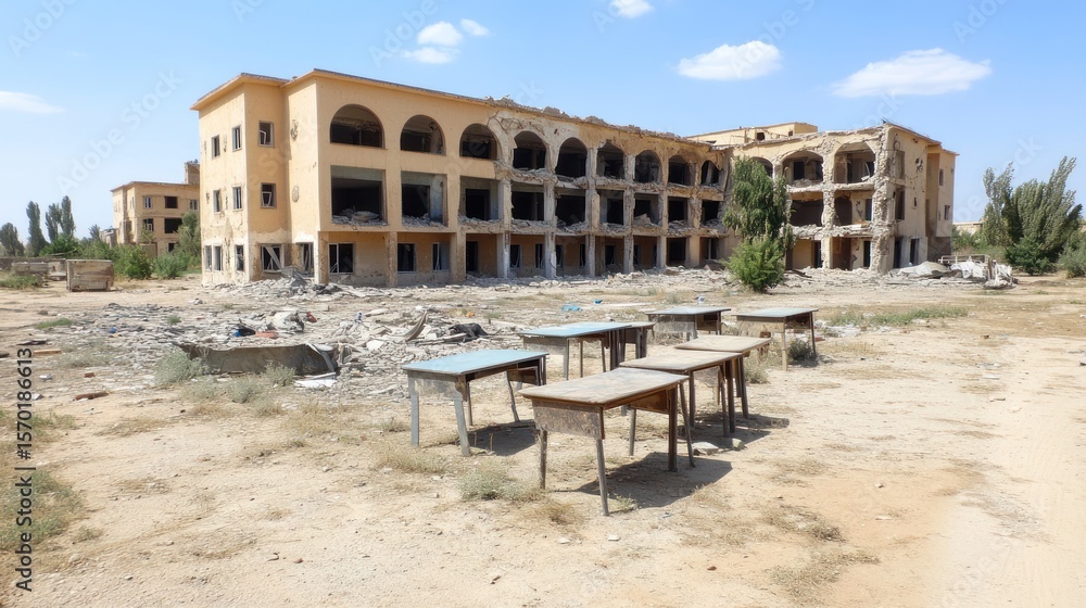 Abandoned school building, ravaged by conflict. Empty classrooms ...