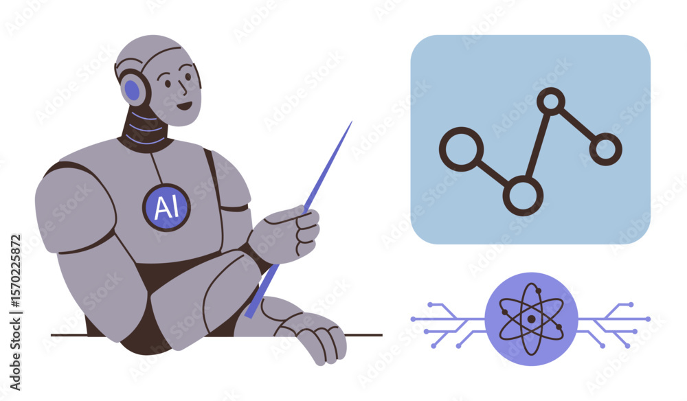 Humanoid robot holding pointer, presenting a chart and atomic model ...