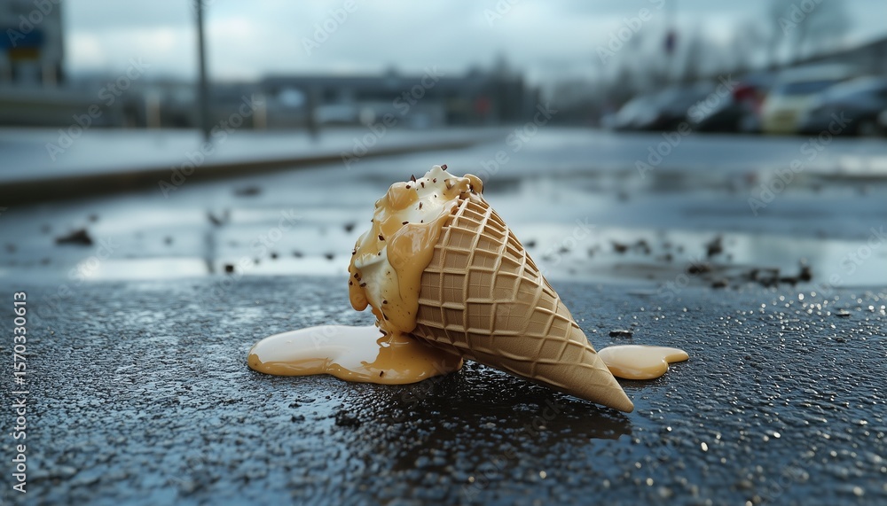 Waffle cone with vanilla ice cream melting falling on road after rainy ...