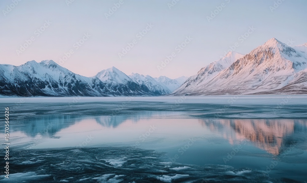arctic lake, frozen patches, snow-covered peaks, crisp air, soft tones ...