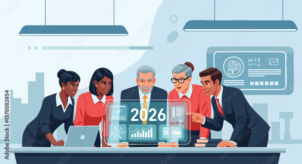 Diverse Global Business Team Planning 2026 Strategy with Futuristic ...