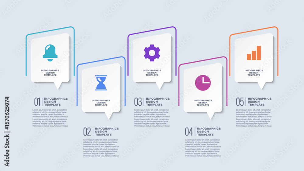 Speech bubble infographic template with business icons. Five steps or ...