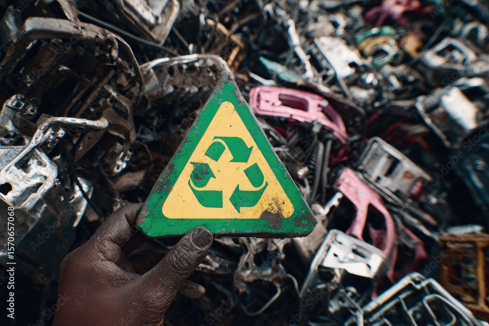 Recycle symbol hand e waste metal scrap pile environment green triangle ...