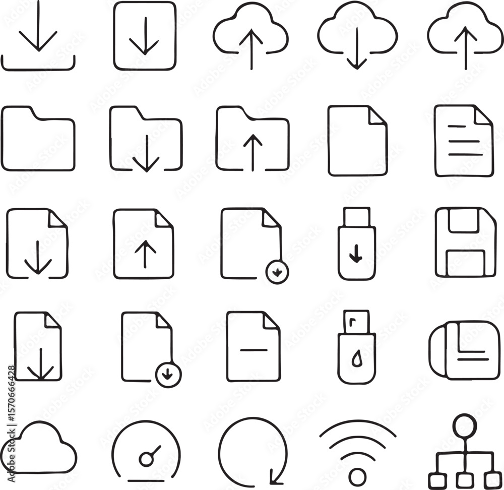 Download, Upload, and File Transfer Icons A Comprehensive Set of Line ...