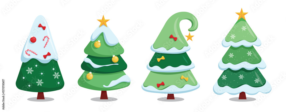 Christmas tree flat icon clipart set. Cute Christmas fir tree snow ...