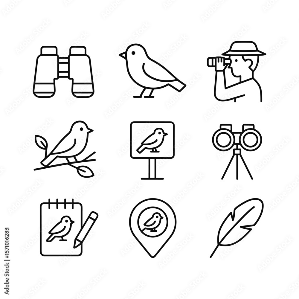 Birdwatching and birding activity icons set. Outline symbols. Line ...