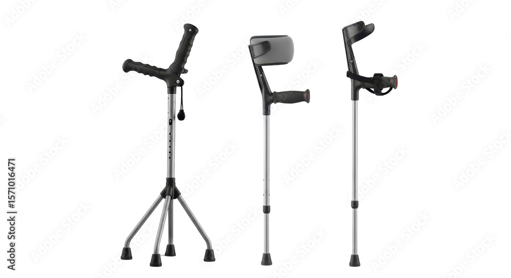 Isolated Product Shot of Modern Adjustable Silver Quad Cane and Forearm ...