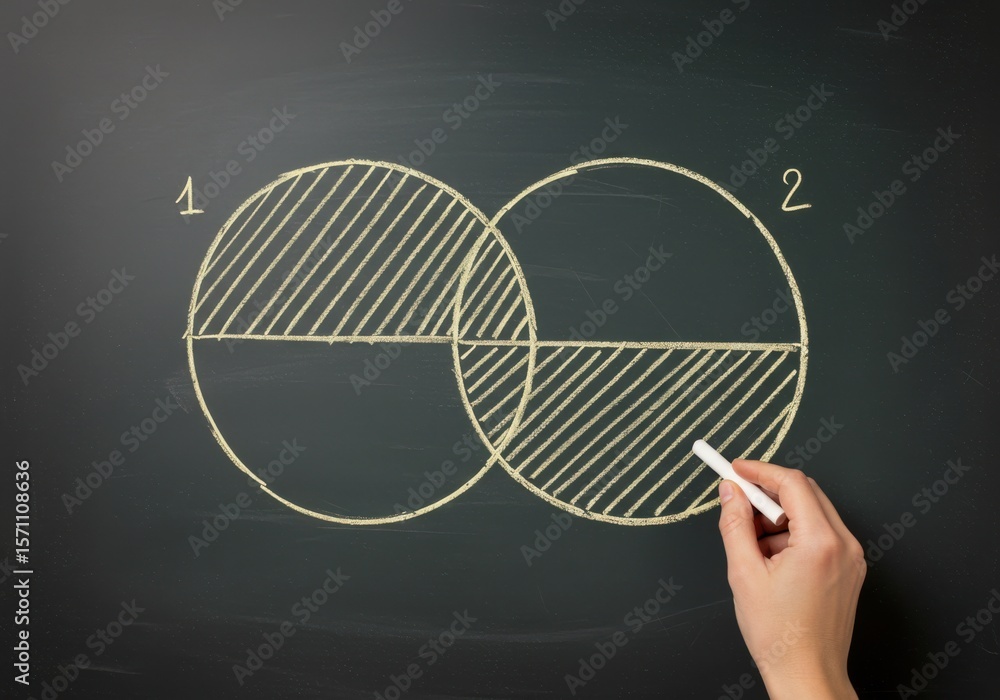 Hand drawing a venn diagram on a blackboard illustrating shared and ...