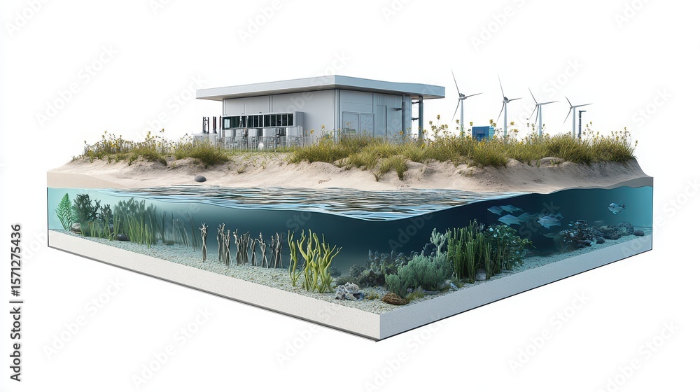 Technical schematic of a tidal power station integrated with a coastal ...