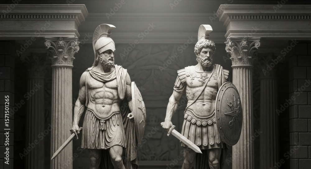 Two classical statues of ancient Greek hoplite warriors in full armor ...