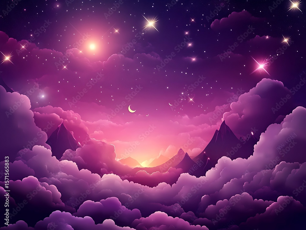 Purple, pink gradient mystical moonlit sky with clouds and stars phone ...