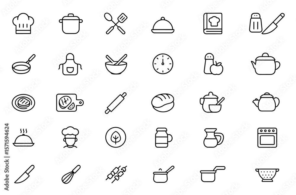 Editable cooking icon set, chef kitchen tools and ingredients, recipe ...