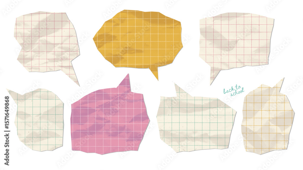 Vetor Crumpled paper stickers with speech bubbles shape set. Comic ...